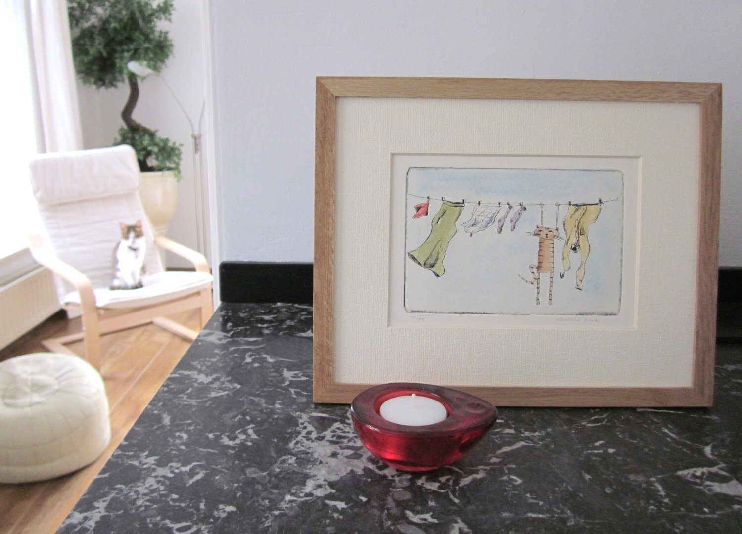 Original Cat Etching and Watercolor Hanging Out to Dry - Etsy