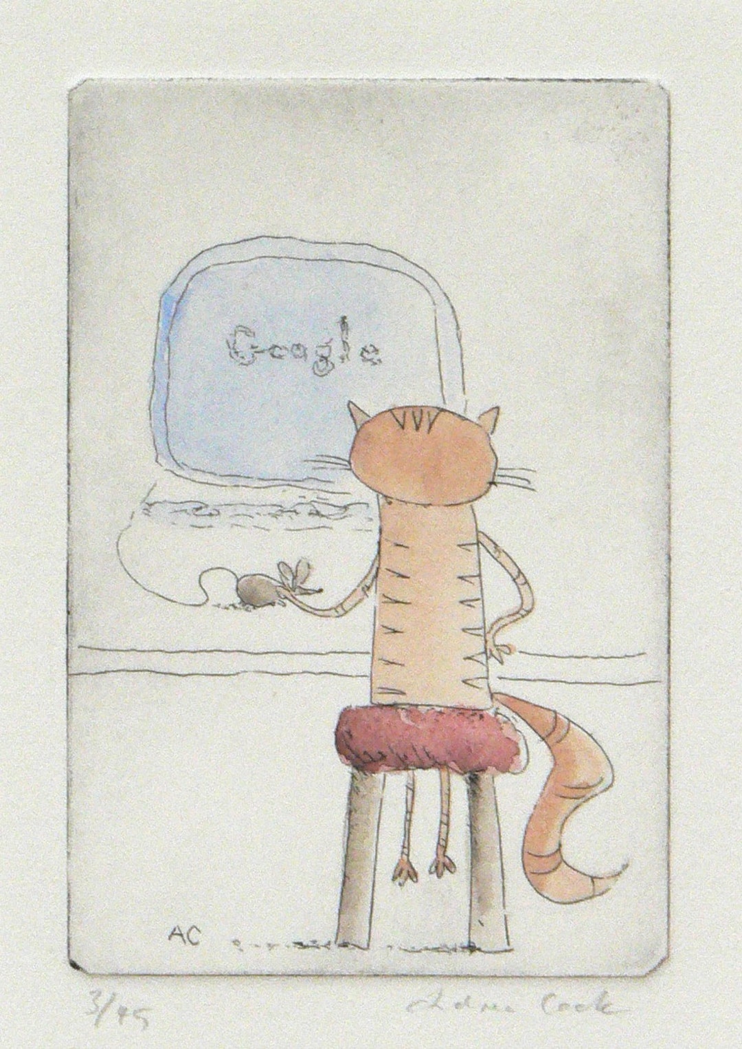Original Cat Etching and Watercolor - Cat and Mouse - Etsy