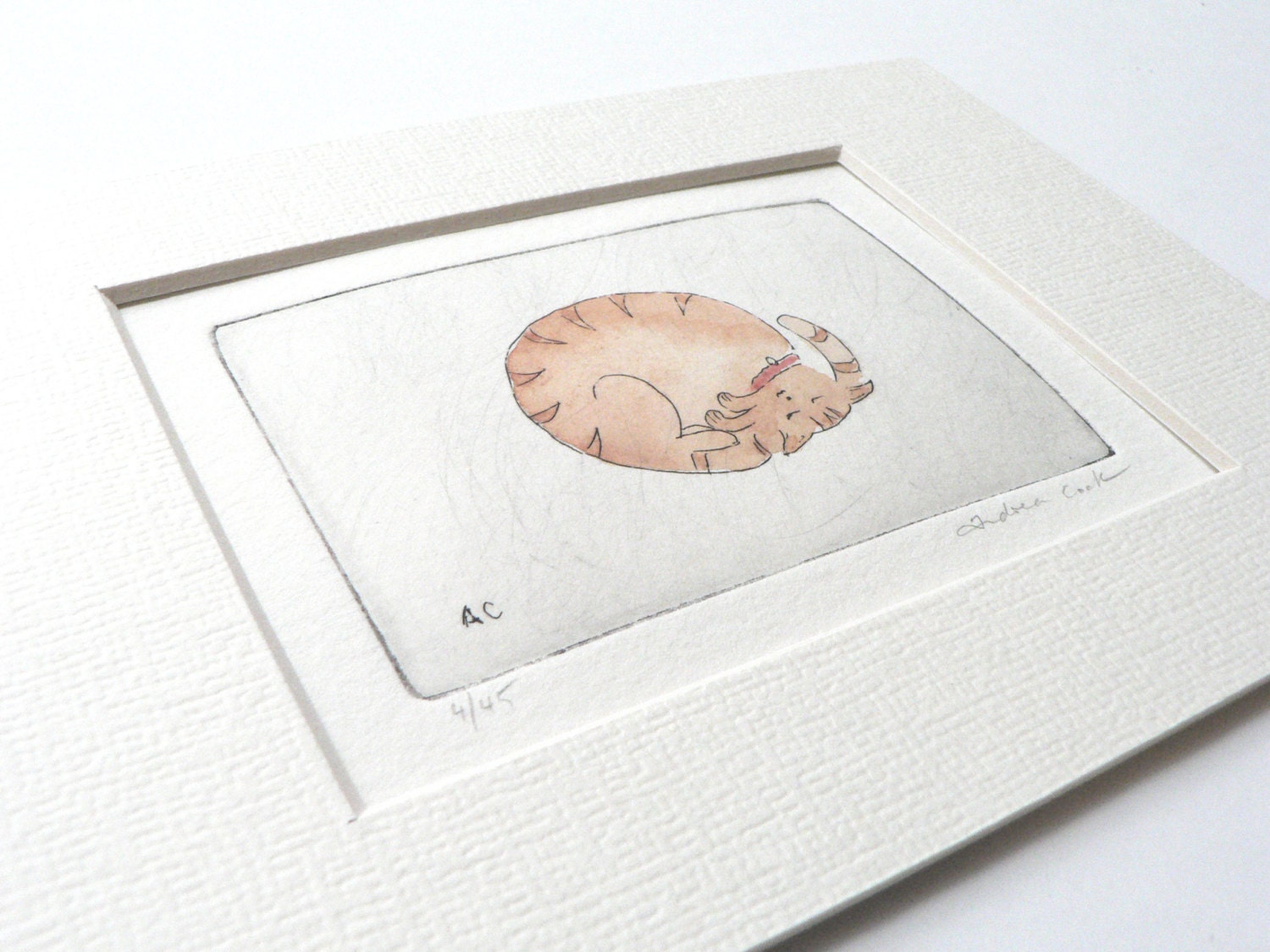 Original cat etching and watercolor taking a break sleeping | Etsy