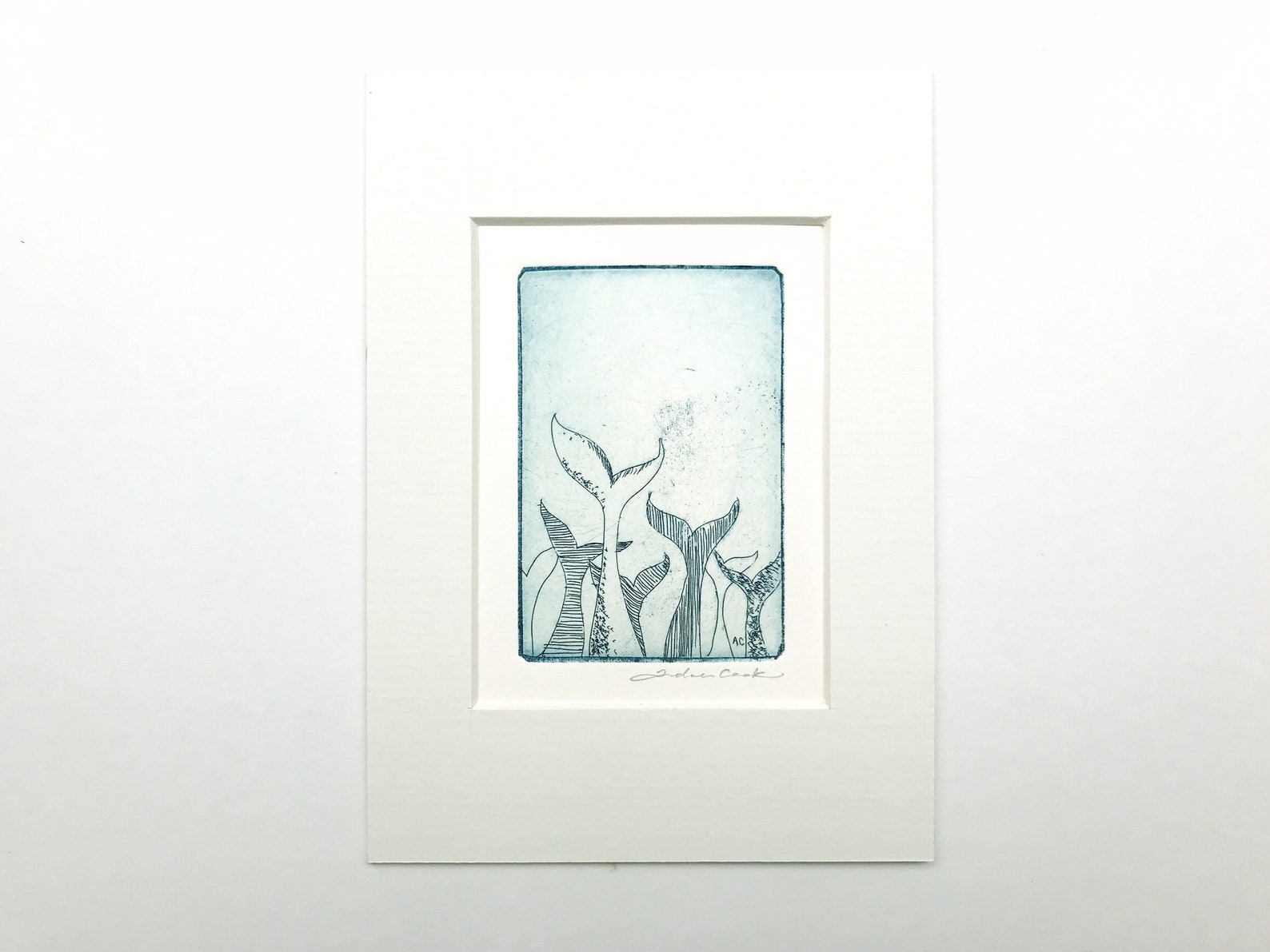 Original Etching in Blue of Mermaid or Whale Tails - Etsy