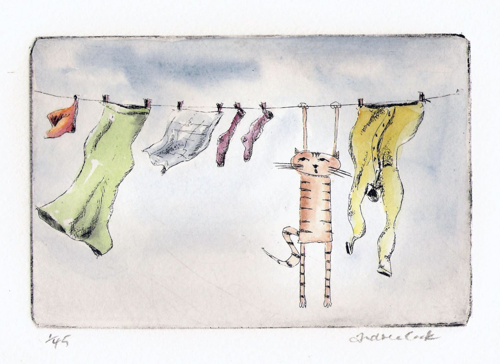 Original Cat Etching and Watercolor - Hanging Out to Dry - Etsy