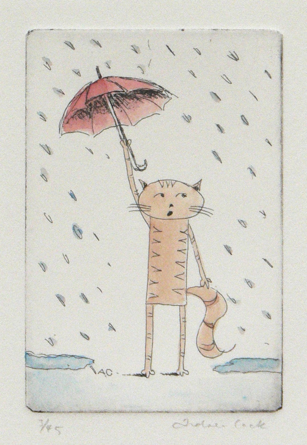 Original Cat Etching and Watercolor - Singing in the Rain - Etsy