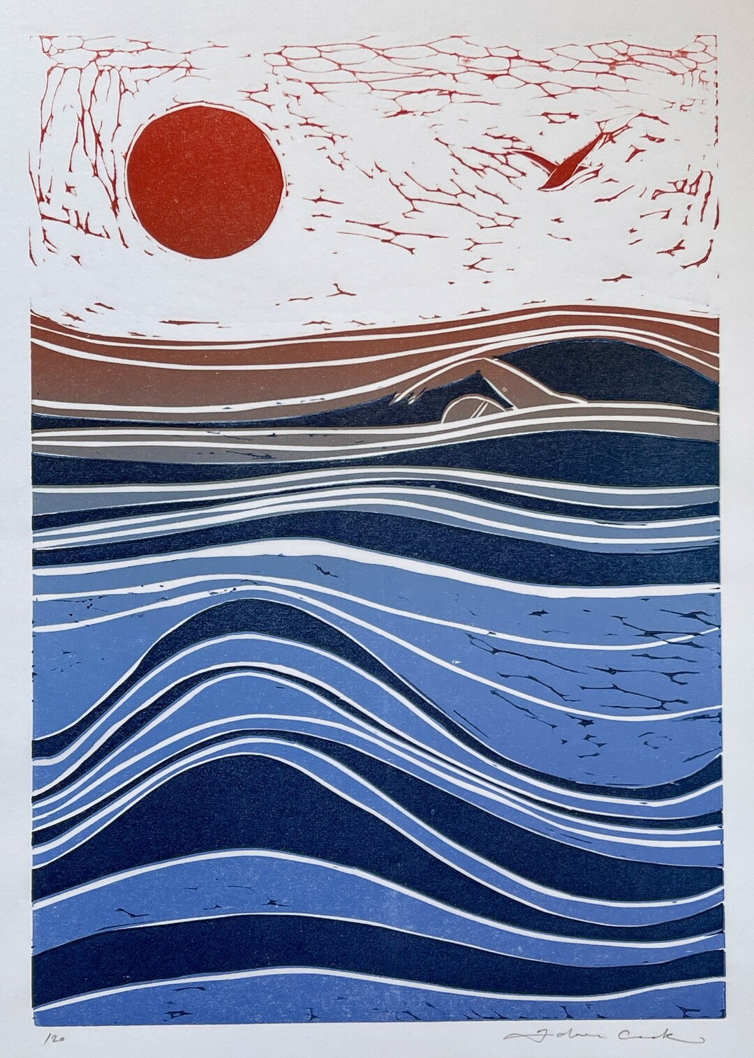 Reduction Linocut Print of a Sea Swimmer at Sunset - Etsy