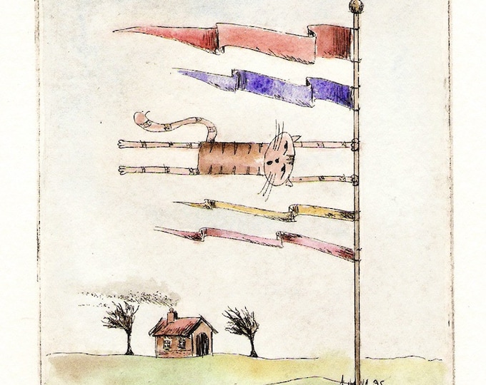 Original Cat Etching and Watercolor - It's a Bit Windy - Etsy
