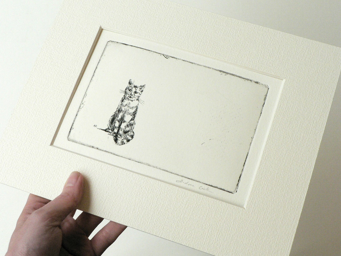 Original Etching of a Sitting Cat | Etsy