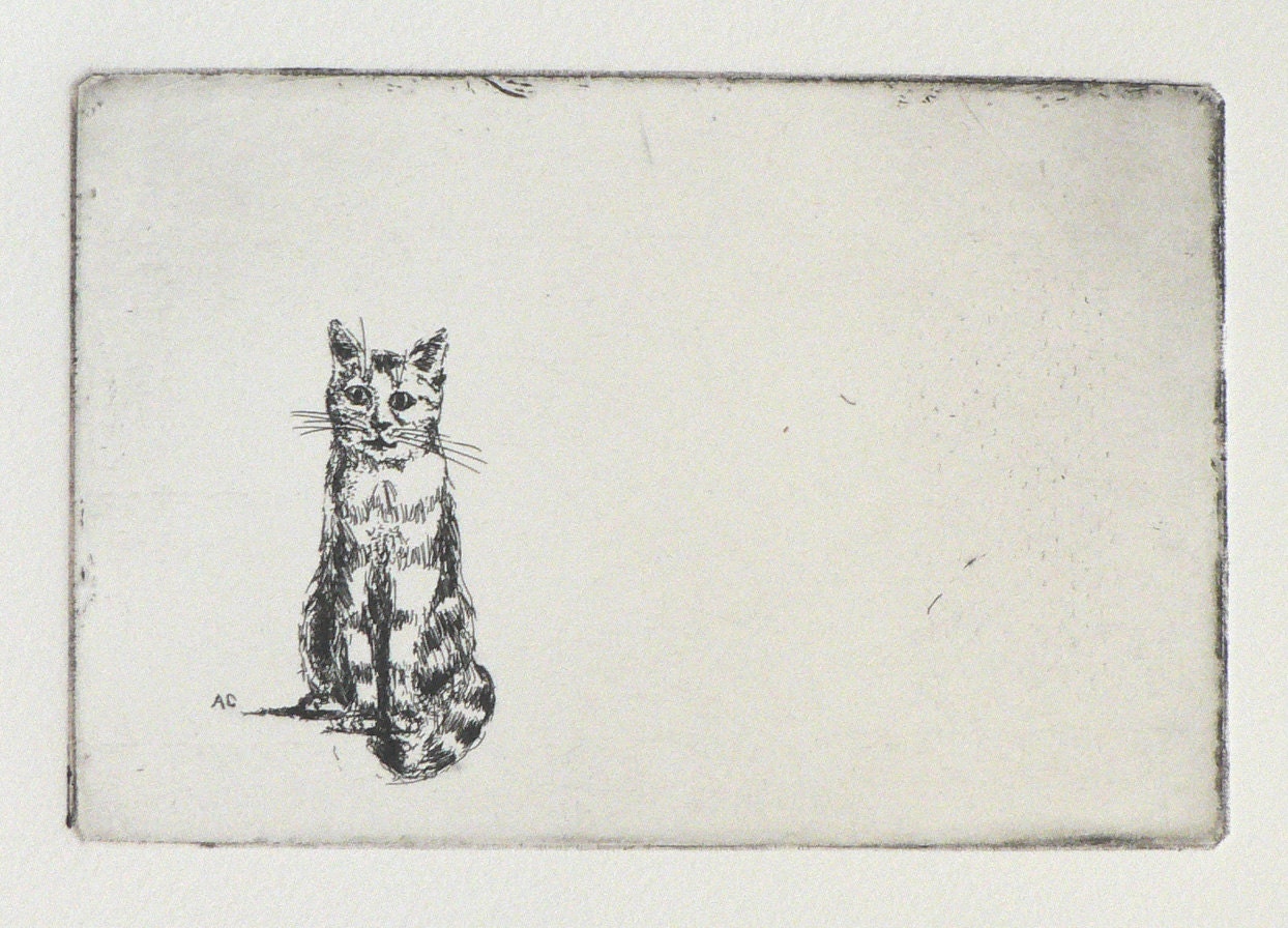 Original Etching of a Sitting Cat | Etsy