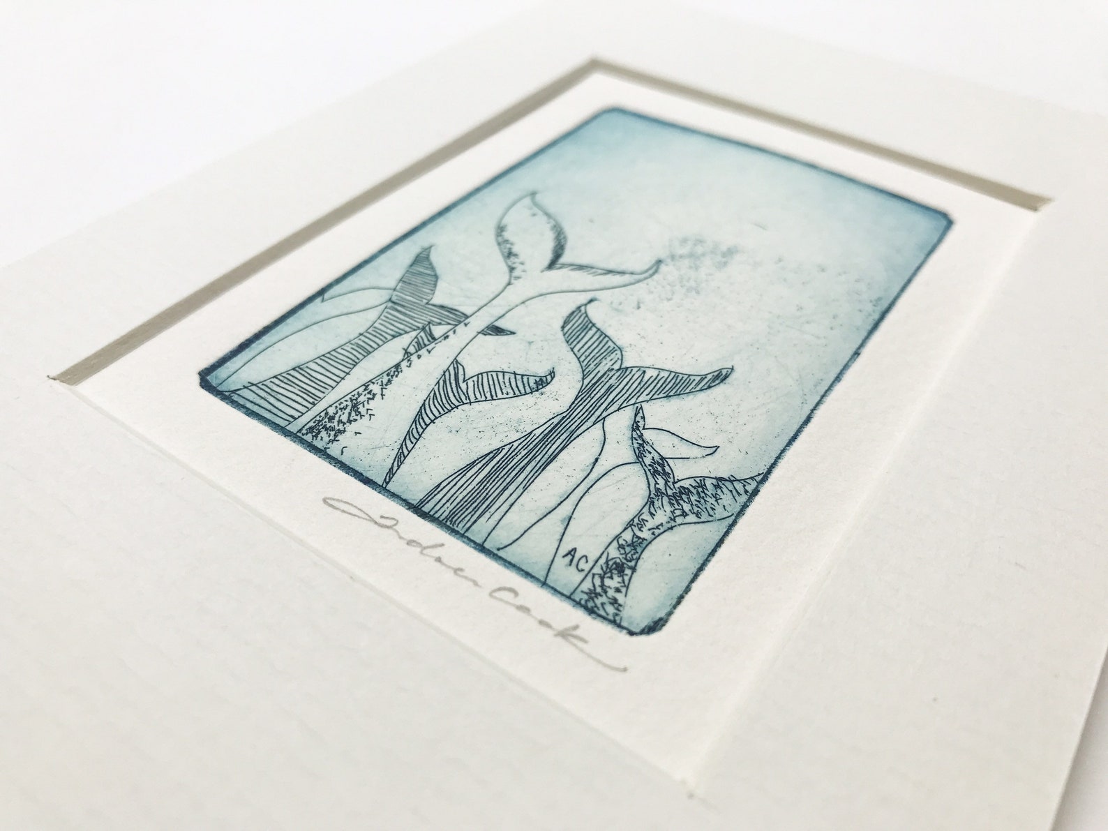 Original Etching in Blue of Mermaid or Whale Tails - Etsy