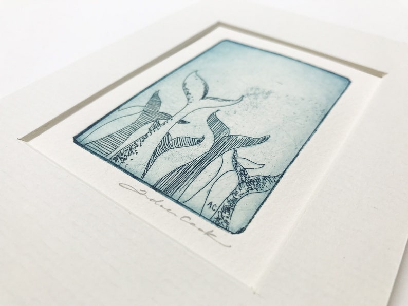Original Etching in Blue of Mermaid or Whale Tails - Etsy