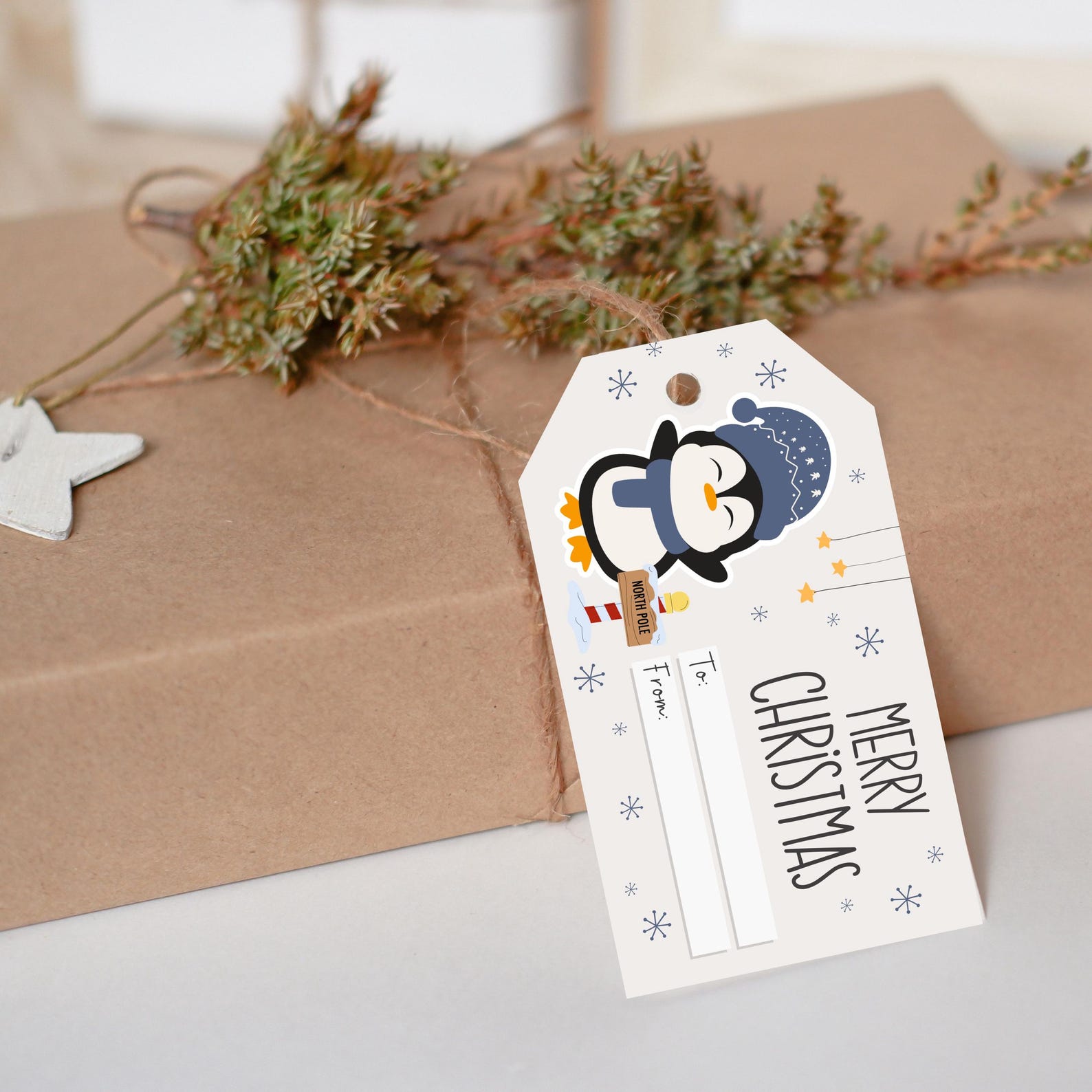 Printable Christmas Penguin Tag, Holiday Gift Tag Template, Instant ...