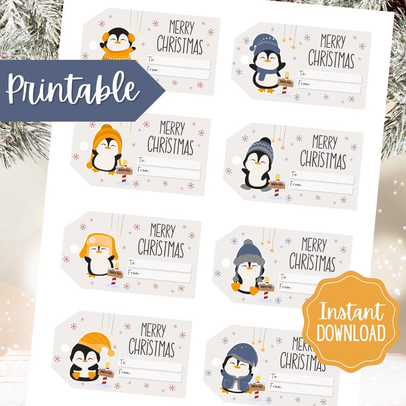 Printable Christmas Penguin Tag, Holiday Gift Tag Template, Instant ...