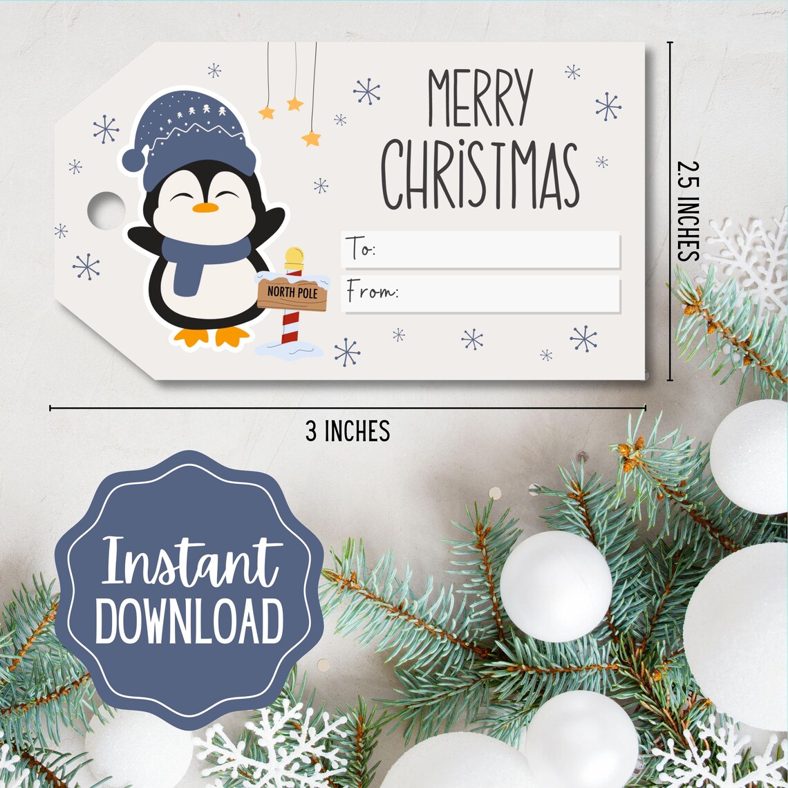 Printable Christmas Penguin Tag, Holiday Gift Tag Template, Instant ...