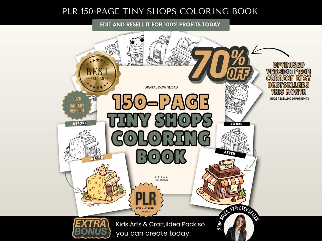 150 Tiny Shops Colouring Book Editable Canva Template PLR, 150 Cute ...