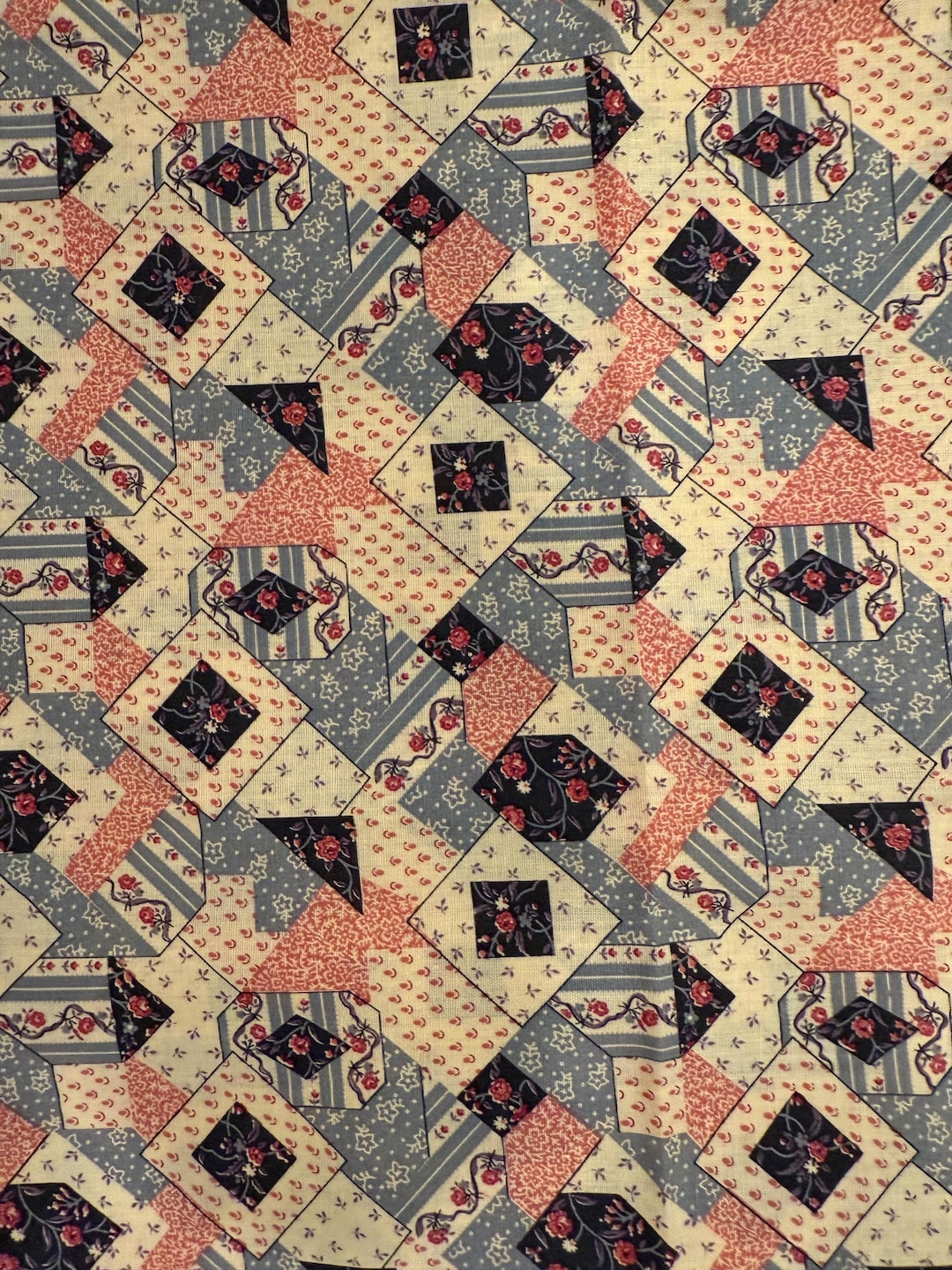 Vintage 70s Quilting Cotton: Pink Blue Cheater Print Patchwork Calico 2 ...