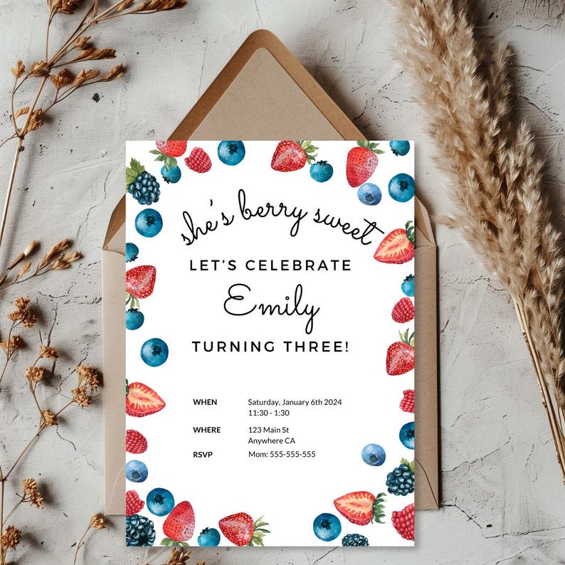 Berry Sweet Birthday Invitation | Digital Template | - Etsy