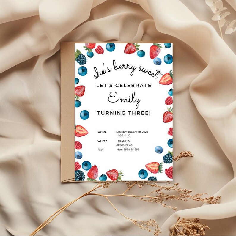 Berry Sweet Birthday Invitation | Digital Template | - Etsy