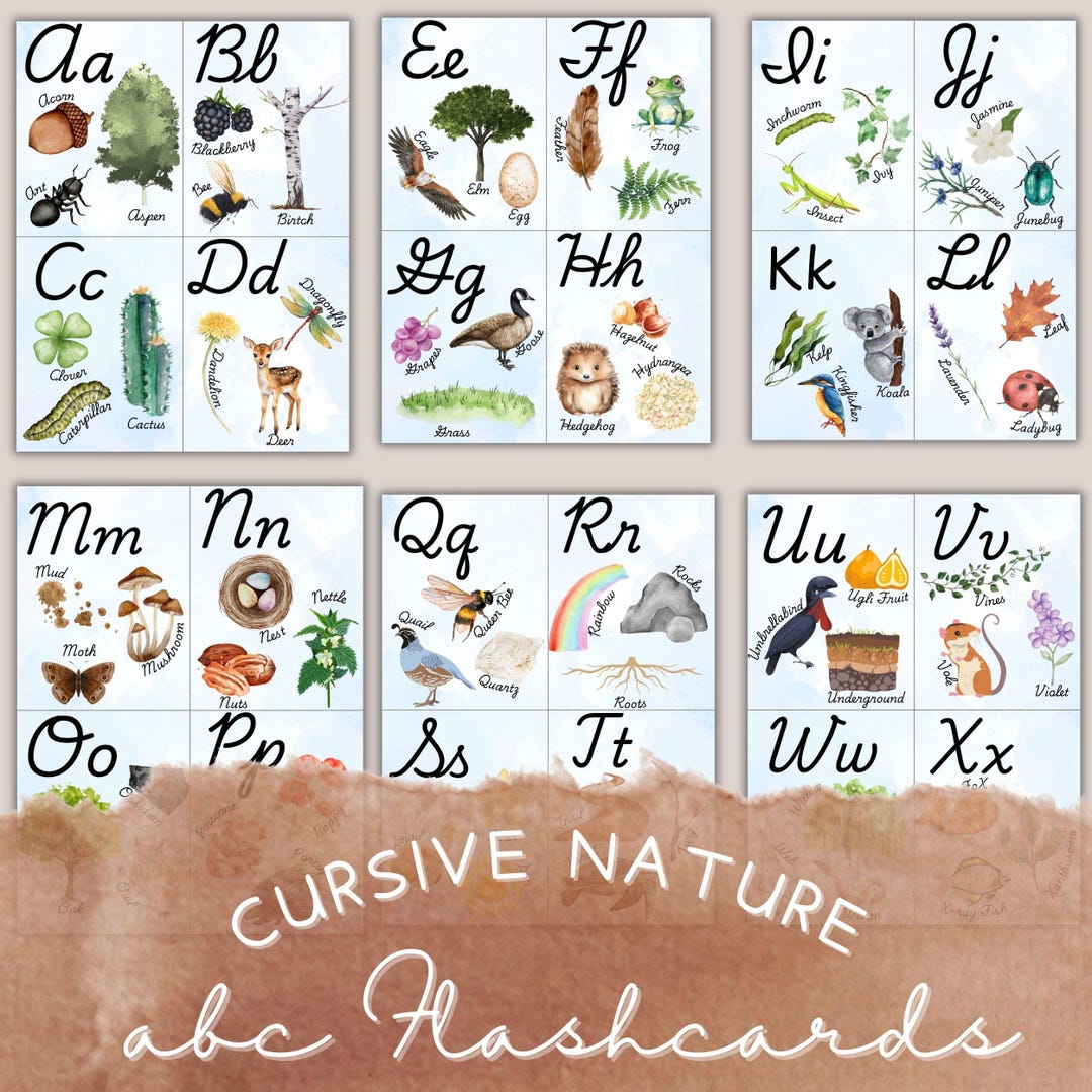 Cursive ABC Flashcards Printable – A to Z Nature-themed Alphabet Cards ...