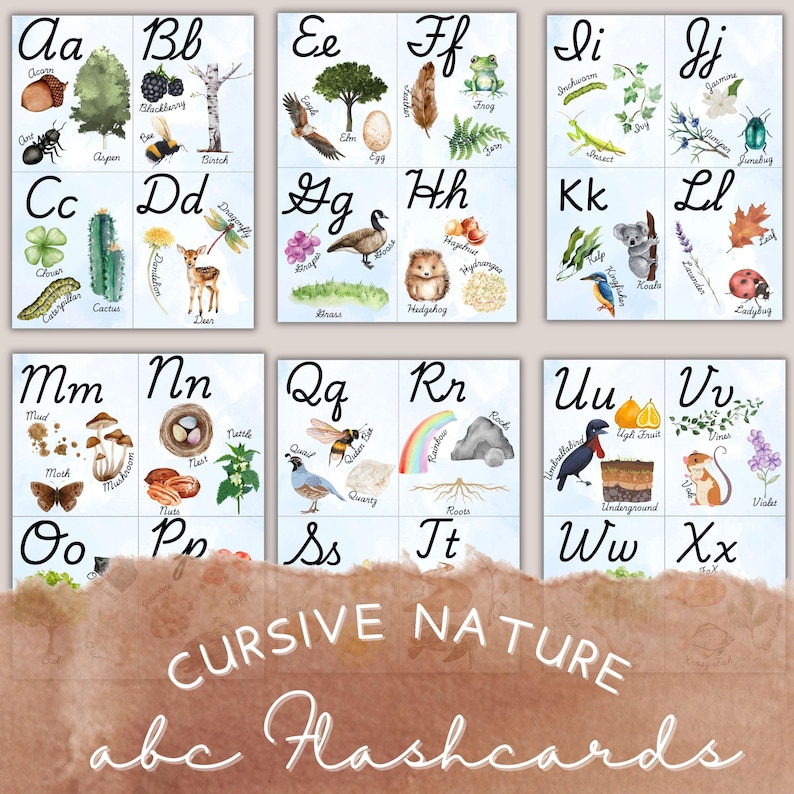 Cursive ABC Flashcards Printable – A to Z Nature-themed Alphabet Cards ...