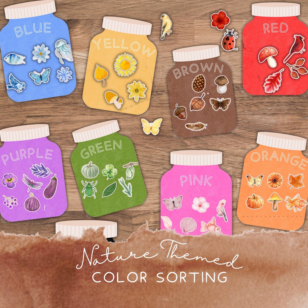 Color Sorting Jar Printable With Nature Items | Rainbow Matching Game ...
