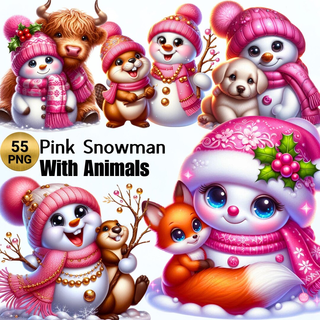 55 PNG Pink Snowman With Animals Clipart , Snowman Collection, Pink ...