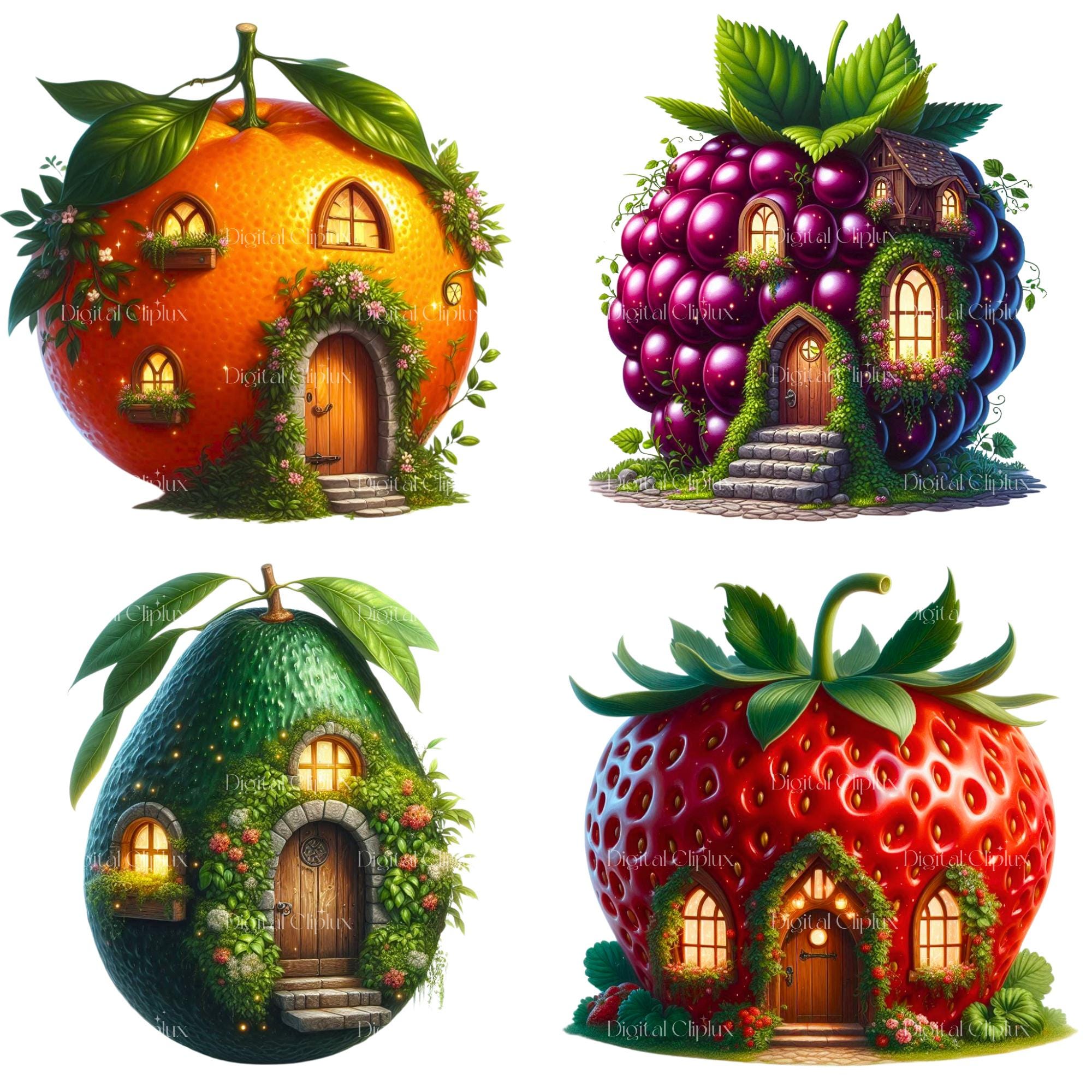 43 PNG Fruit Houses Clipart , Strawberry, Apple, Banana, Whimsical ...