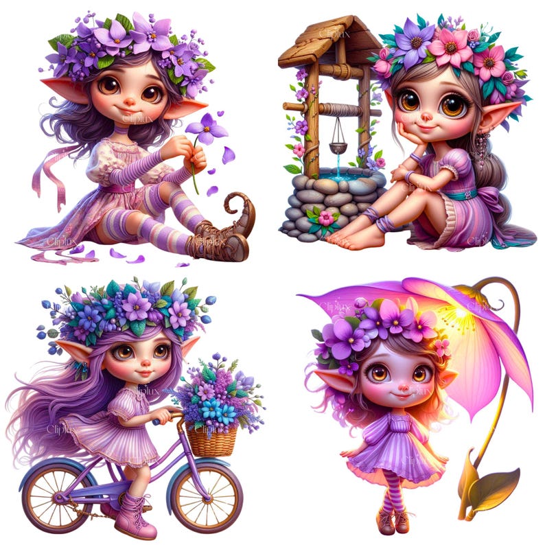 20 PNG Purple Violet Elves Clipart Cute Baby Elves, Garden Elf, Spring ...