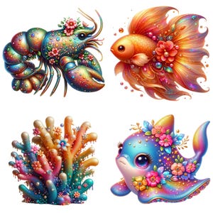 48 PNG Sea Glittery Creatures Clipart , Sea Life Bundle, Mermaid ...