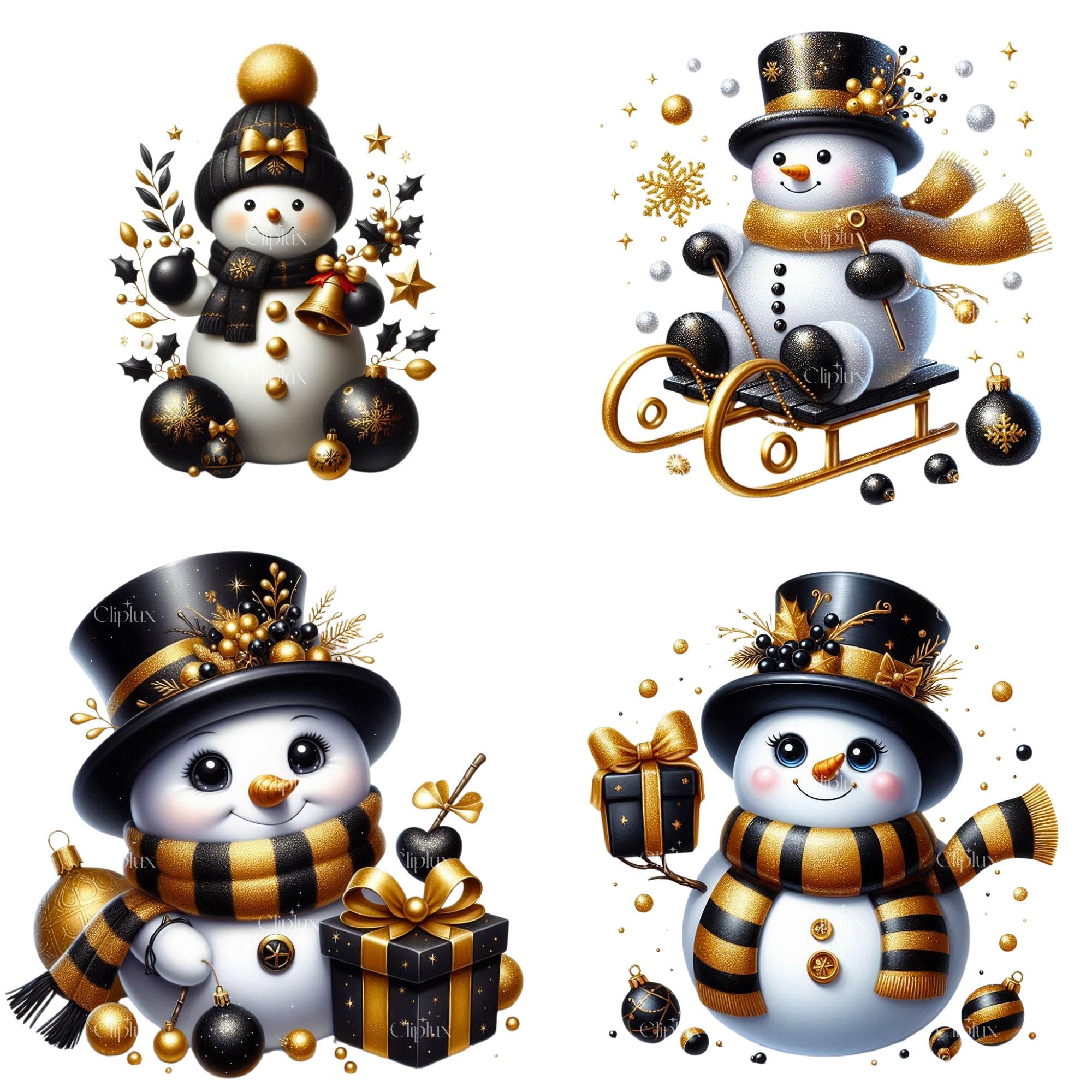 24 PNG Christmas Snowman P1 Clipart , Black and Gold Snowman Collection ...