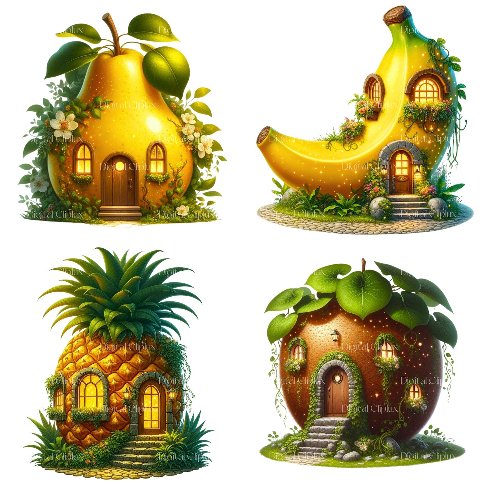 43 PNG Fruit Houses Clipart , Strawberry, Apple, Banana, Whimsical ...