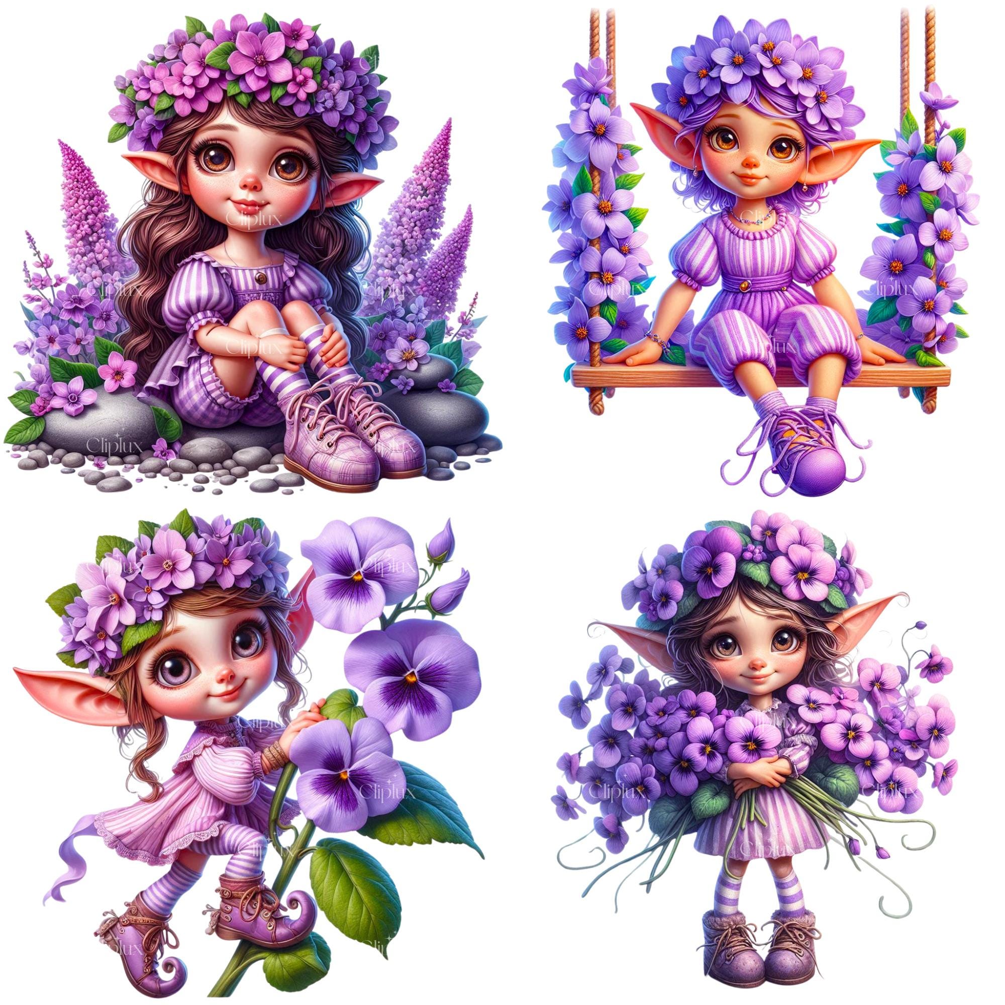 20 PNG Purple Violet Elves Clipart Cute Baby Elves, Garden Elf, Spring ...