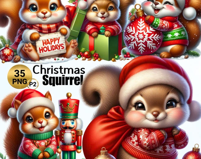 Christmas Squirrel Clipart: Holiday Santa Hat PNG (digital Download ...