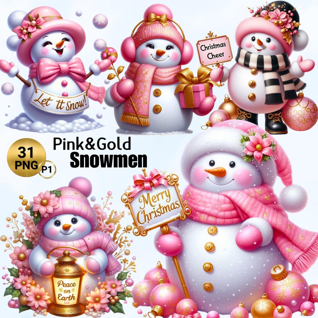 31 PNG Christmas Cute Snowman P1 Clipart , Pink and Gold Snowman ...