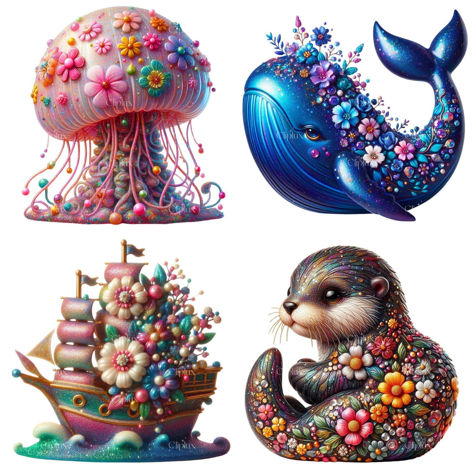 48 PNG Sea Glittery Creatures Clipart , Sea Life Bundle, Mermaid ...