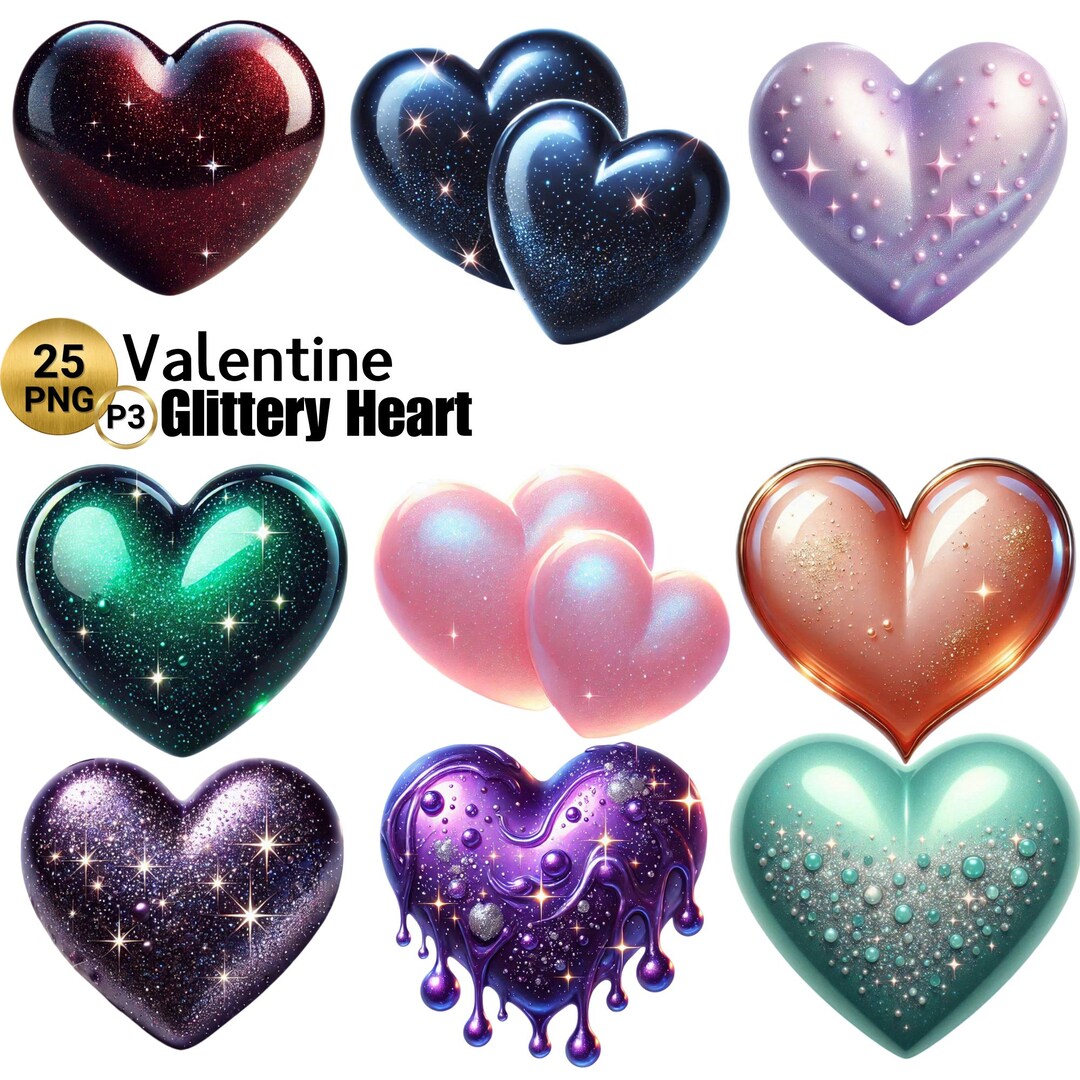 Valentine's Day Glittery Heart (P3) Clipart - 25 PNG Valentine Graphics ...