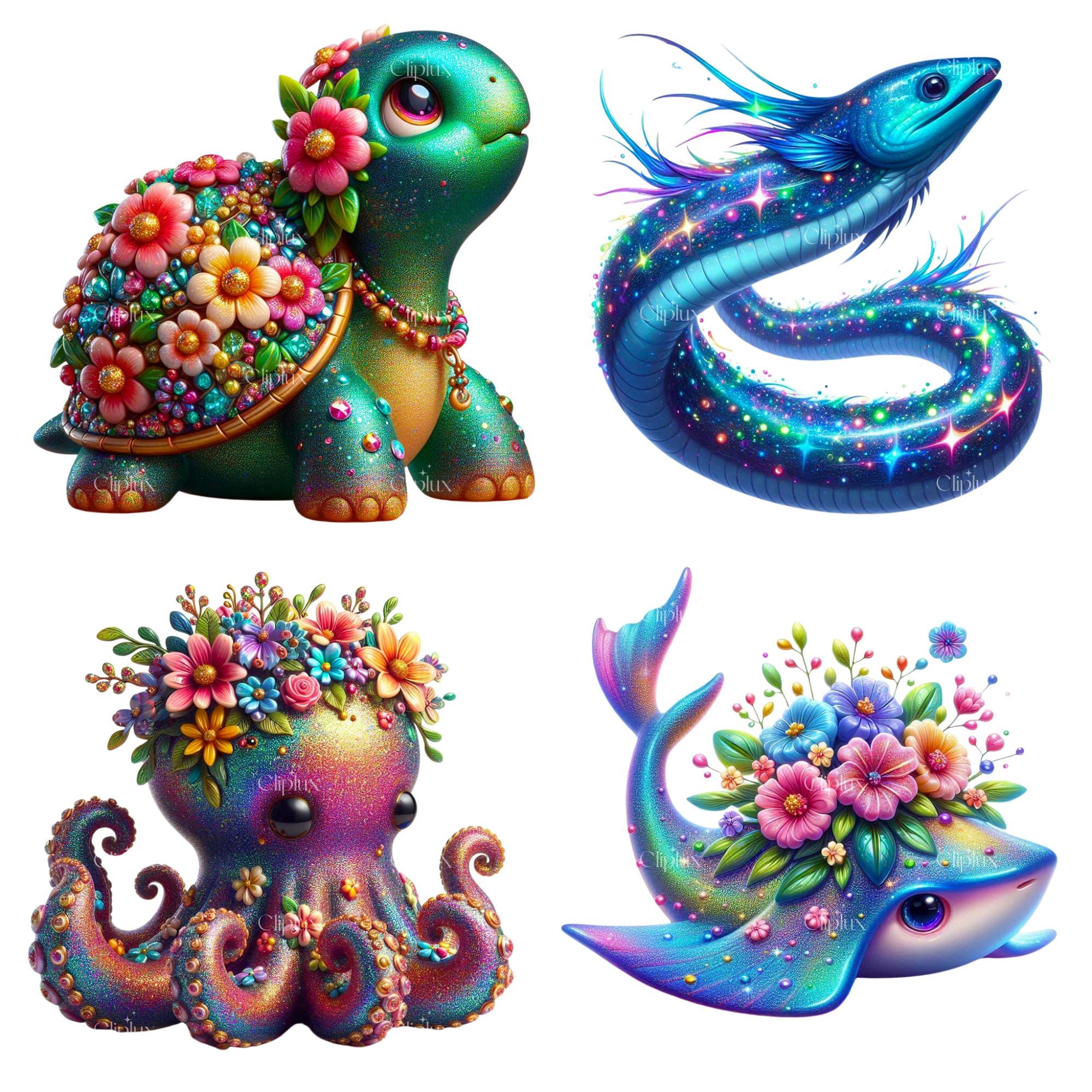 48 PNG Sea Glittery Creatures Clipart , Sea Life Bundle, Mermaid ...