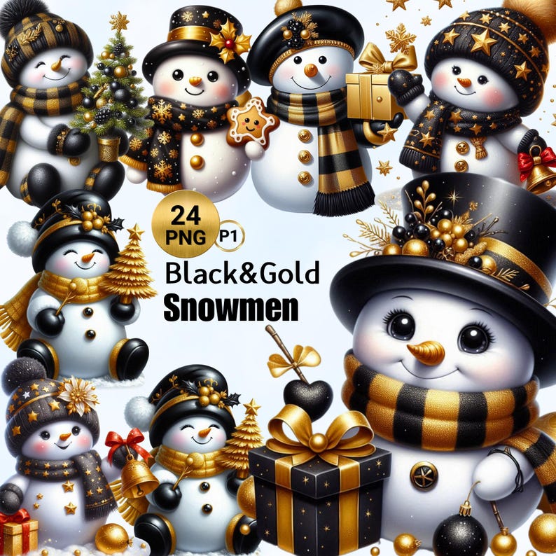 24 PNG Christmas Snowman P1 Clipart , Black and Gold Snowman Collection ...
