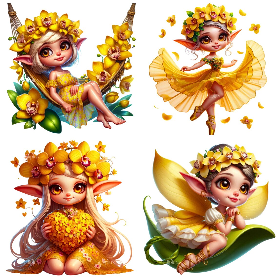 32 PNG Yellow Orchid Elves Clipart , Cute Baby Elves, Garden Elf ...
