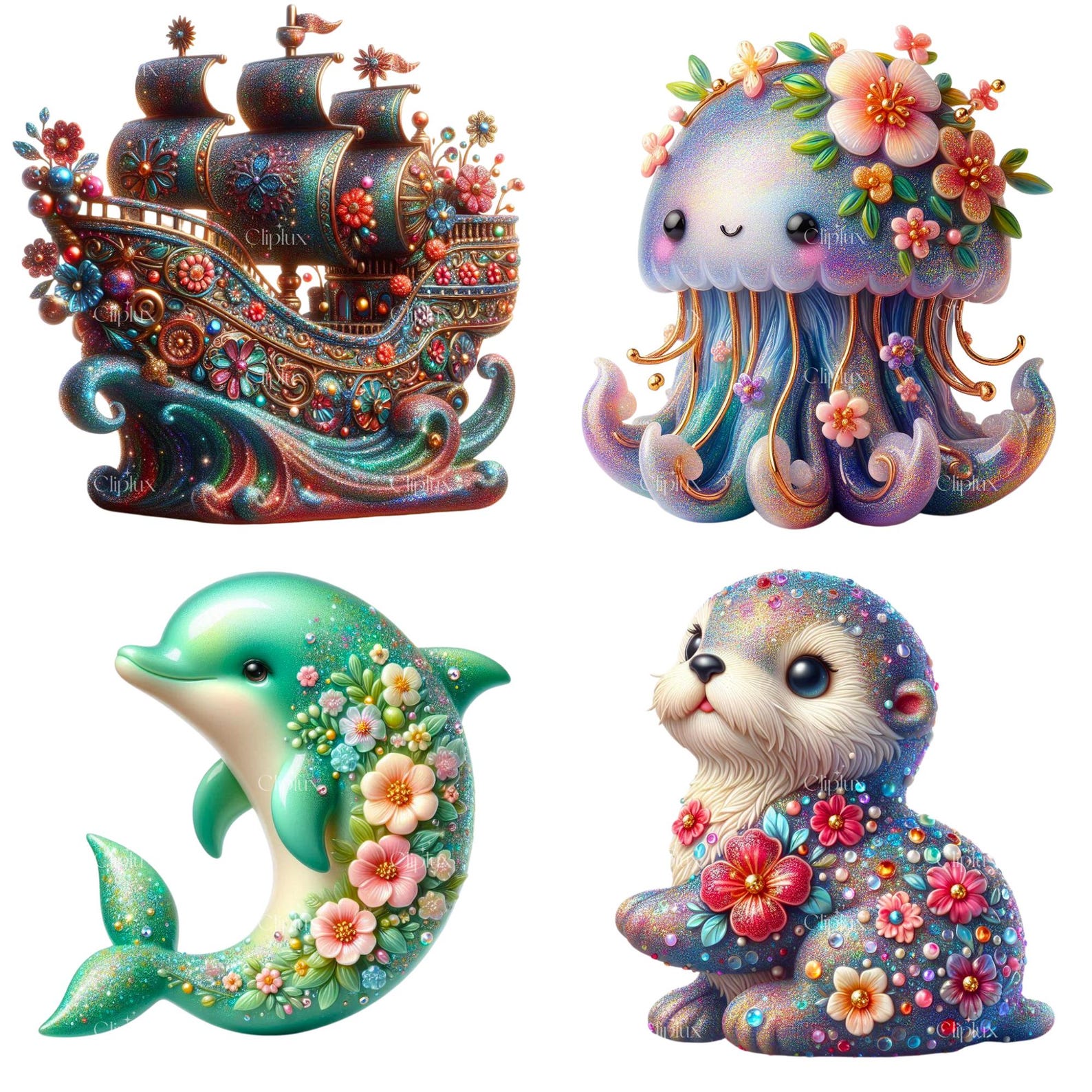 48 PNG Sea Glittery Creatures Clipart , Sea Life Bundle, Mermaid ...