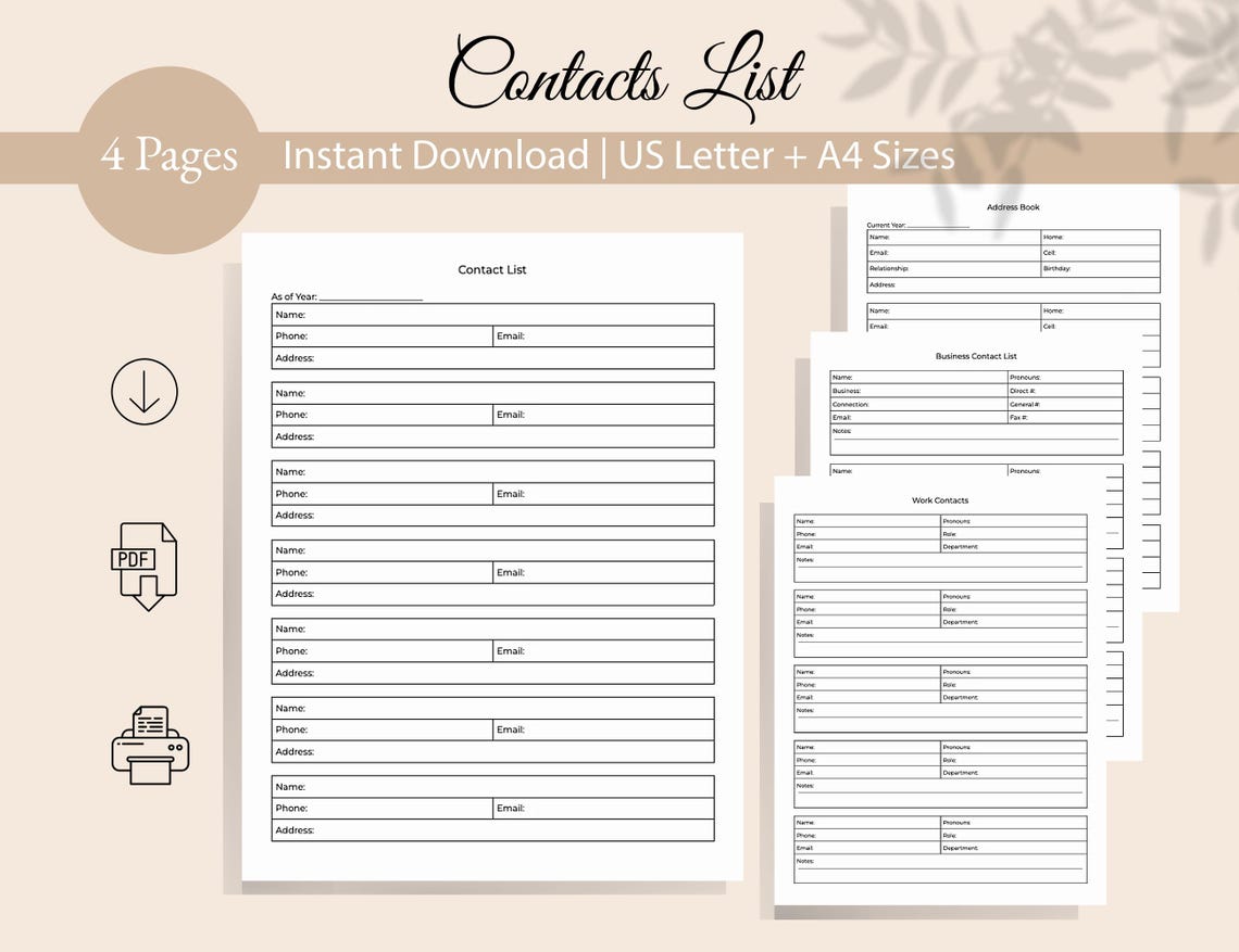 Printable Address Book Downloadable Contacts List for Office Business ...