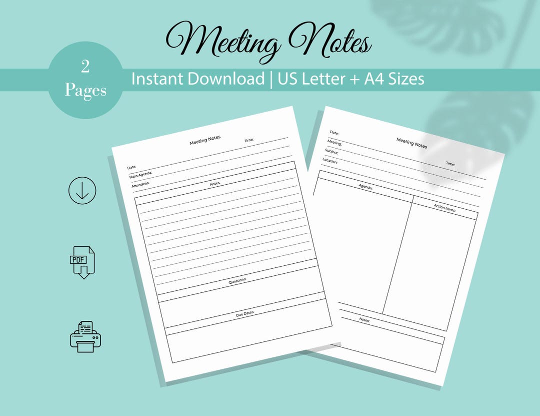 Meeting Notes Printable Agenda Notes for Office Employee Notes for Work ...