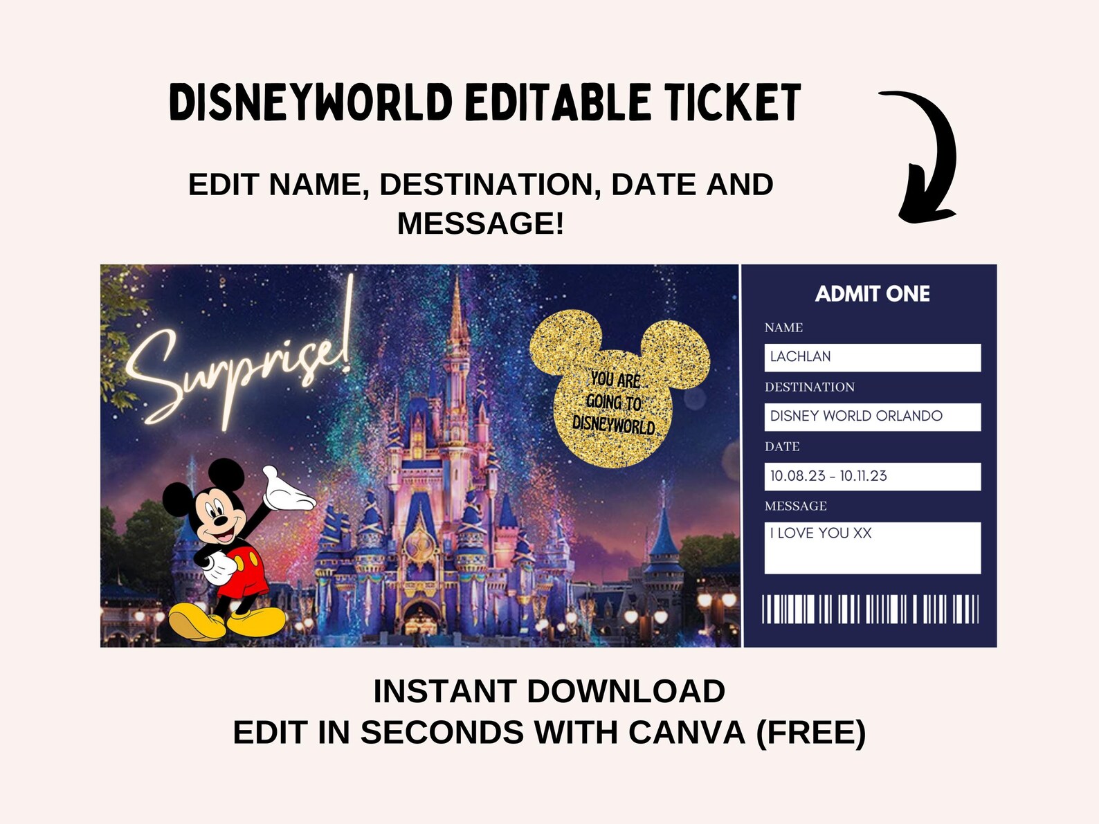 Disneyland Ticket, Disneyworld Ticket, Editable Ticket, Surprise Reveal ...