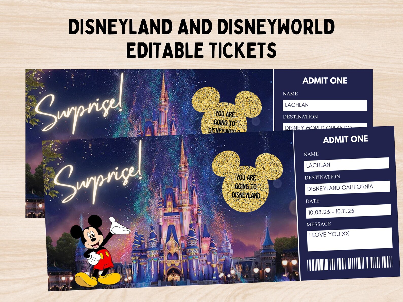 Disneyland Ticket, Disneyworld Ticket, Editable Ticket, Surprise Reveal ...