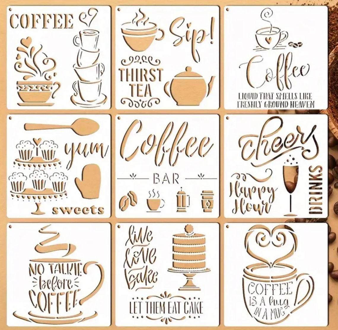 9 Reusable Cafe Theme Stencils Coffee Bar Cafe Kitchen Wall Stencils ...