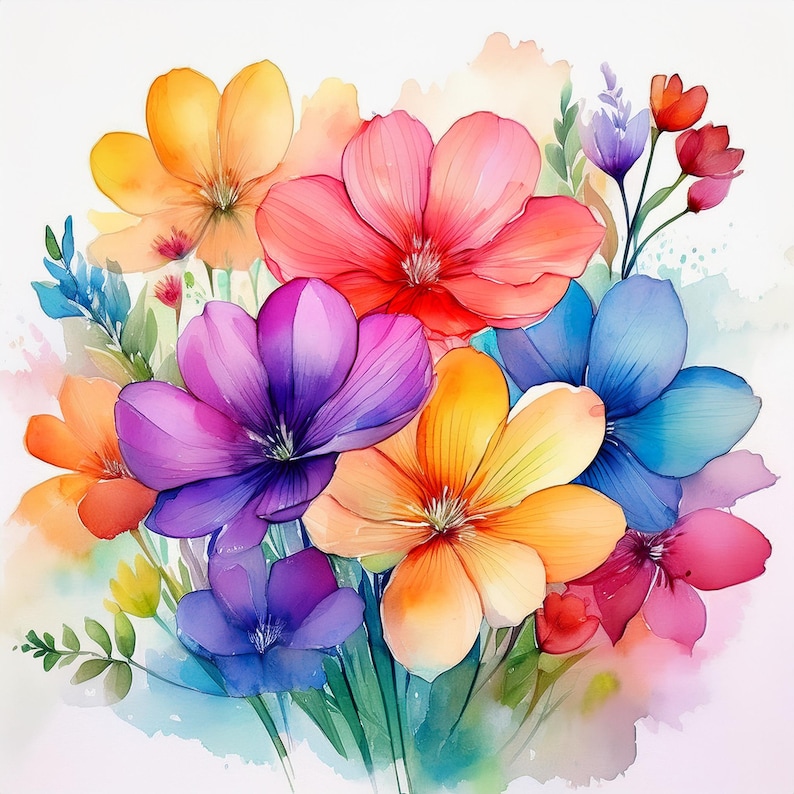 24 Watercolor Flower Clip Art, 1:1 JPEG, Digital Floral Art, High ...