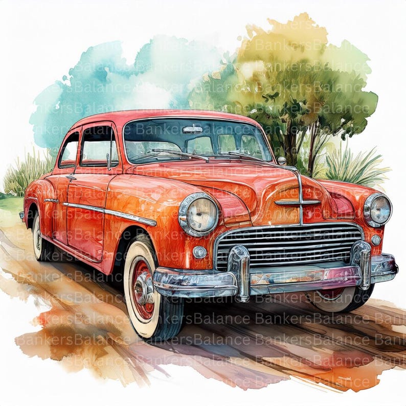 16 Watercolor Vintage Cars Clipart Classic Car Designs High-quality 1x1 ...