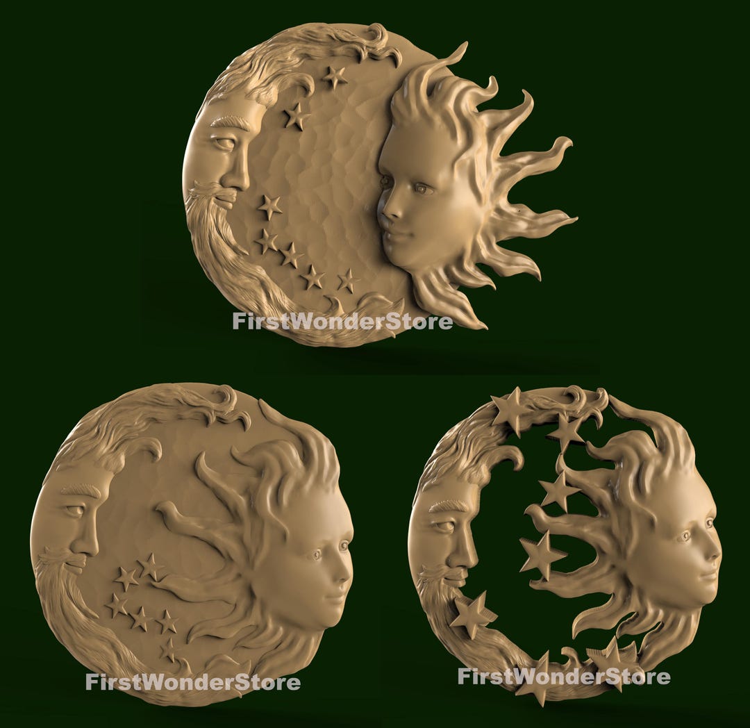 3 Pcs of Sun & Moon 3D STL Model: CNC Router Carving Panels, Engraver ...