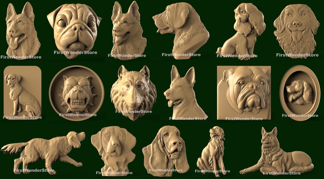 17 Pcs of Dog Breeds 3D STL Models for CNC Router, Engraver, Carving ...