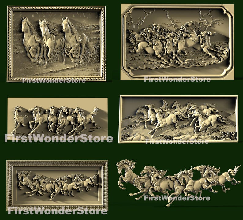 6 Pcs 3D STL Models of Heard Horses in Motion for CNC Router, Engraver ...
