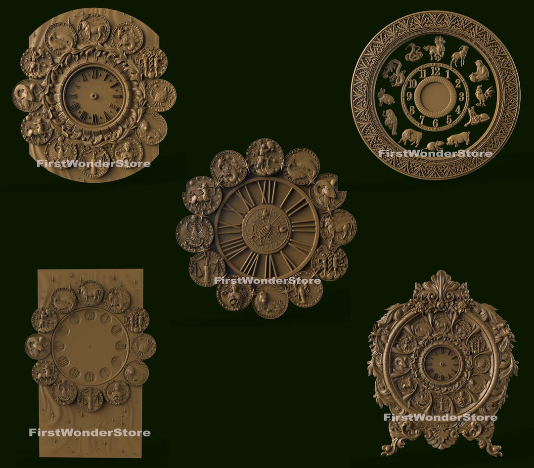 5 Pcs 3D STL Models of Zodiac Signs Clocks Theme for CNC Router Carving ...