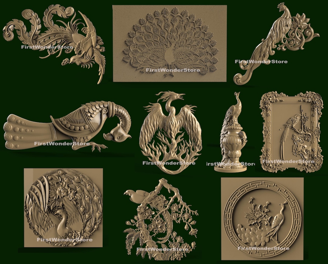 10 Pcs 3D STL Mythological Birds Peacock Phoenix Theme for CNC Router ...