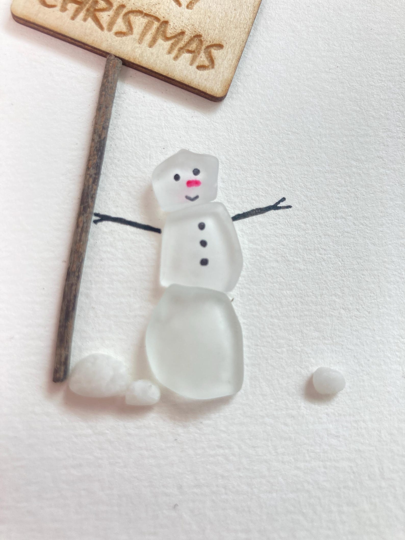 Handmade Sea Glass Christmas Card - Snowman With 'merry Christmas' Sign ...